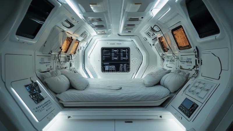 Spaceship Crew Cabin Interior Showing Empty Bed and Control Panel Stock ...