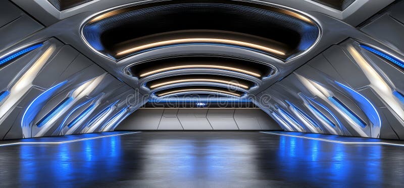 In a Futuristic Spaceship, a Dark and Realistic Corridor is Lined with ...