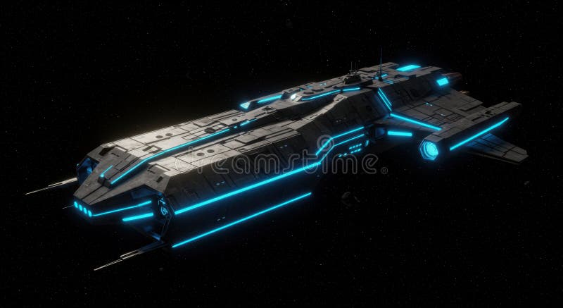 Futuristic Spaceship in Dark Space with Glowing Blue Lights Stock ...