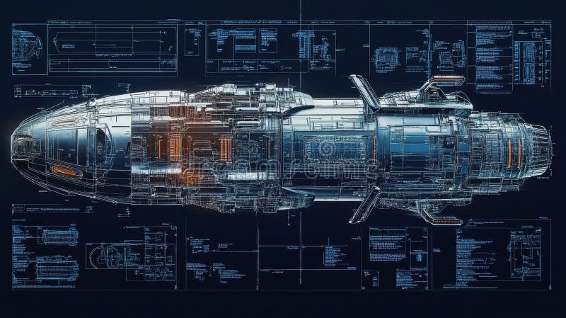 Futuristic Spaceship Design with Detailed Blueprints and Technical ...