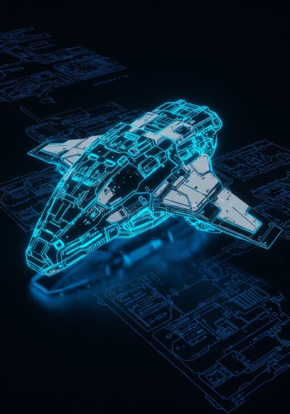 Futuristic Spaceship Digital Rendering with Glowing Blue Lines Stock ...