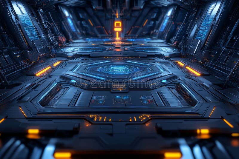 A Futuristic Spaceship Docking Bay with Hexagonal Landing Pads Glowing with Guiding Lights. the ...