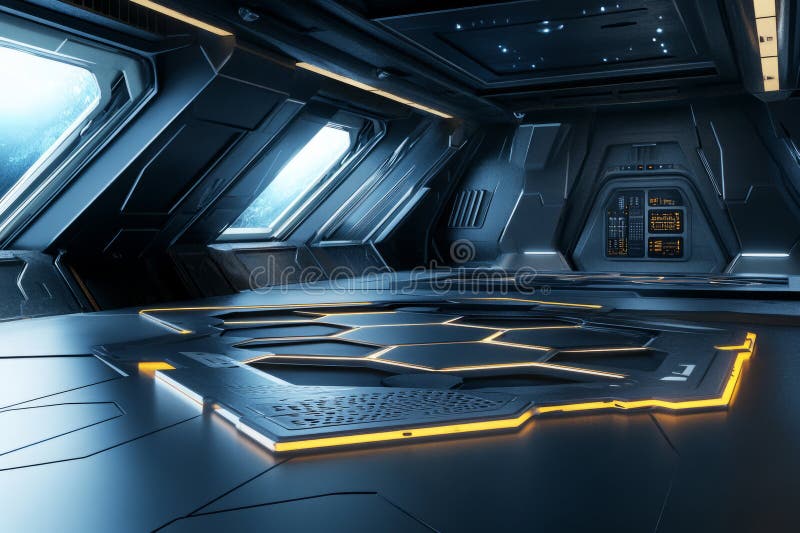 A Futuristic Spaceship Docking Bay with Hexagonal Landing Pads Glowing with Guiding Lights. the ...