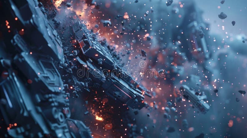 Futuristic Spaceship Exploding in the Middle of Deep Space with Debris ...