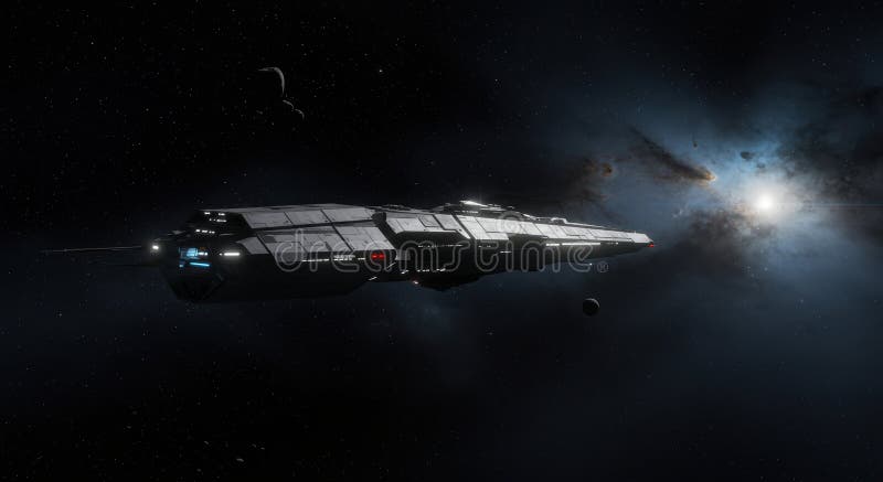 Futuristic Spaceship Exploring Deep Space Near Celestial Bodies Stock ...