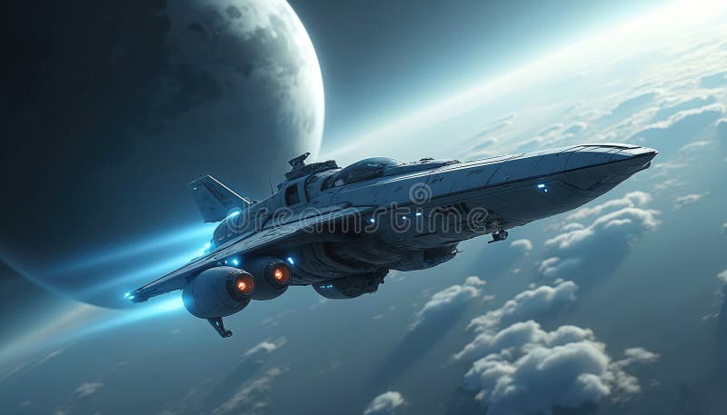 Futuristic Spaceship Flies Near Planet in Outer Space Above Clouds ...