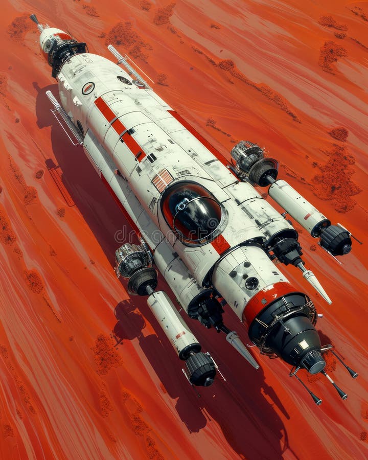 Futuristic Spaceship in Flight Over Alien Planet Rust Colored Terrain ...