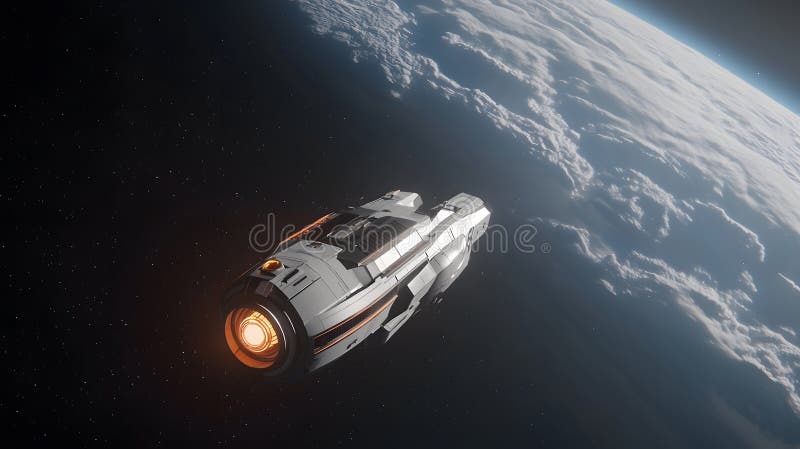 Futuristic Spaceship Floating in Space Above a Blue Planet with Wispy ...