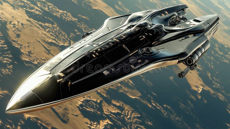 Futuristic Spaceship Flying Above a Planet S Surface. Sleek Design ...