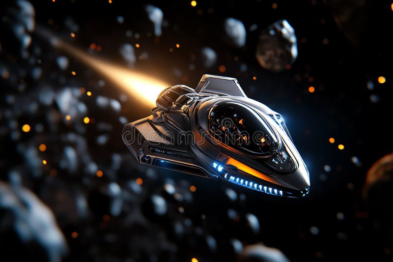 Futuristic Spaceship Flying through an Asteroid Field in Deep Space ...