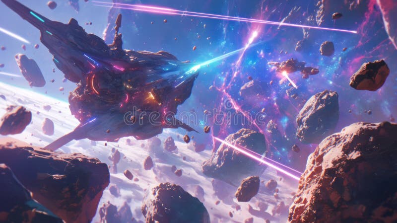 A Futuristic Spaceship Flying through an Asteroid Field, Firing Lasers ...