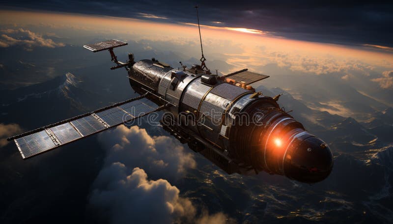 Futuristic Spaceship Flying in Blue Sky, Exploring the Galaxy at Dusk ...