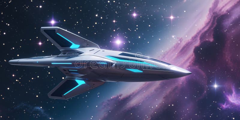 Futuristic Spaceship Flying through Dark Space with Stars and Nebula ...