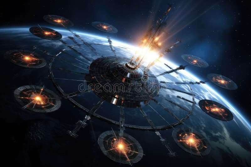 Futuristic Spaceship Flying Over the Planet Earth. 3D Rendering ...