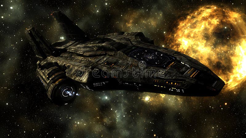 Futuristic Spaceship Flying Past a Fiery Star in a Nebula Stock ...
