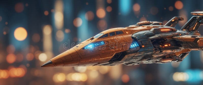 Futuristic Spaceship Flying Past Geometric Structures. Stock Photo ...
