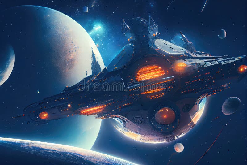 Futuristic Spaceship Flying Past Starry Sky, with Planets and Other ...