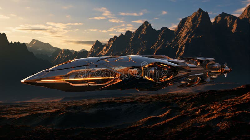 A Futuristic Spaceship Flying through the Sky Over a Mountain Range ...