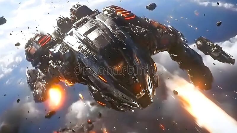 Futuristic Spaceship Flying through Space Fiery Thrusters Debris ...