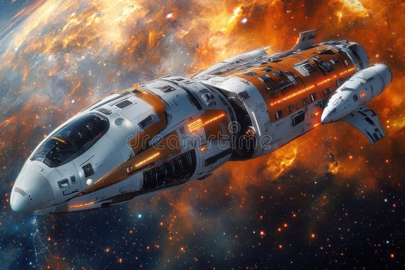 Spaceship Navigating through Vibrant Cosmic Scenery with Bright Nebula ...