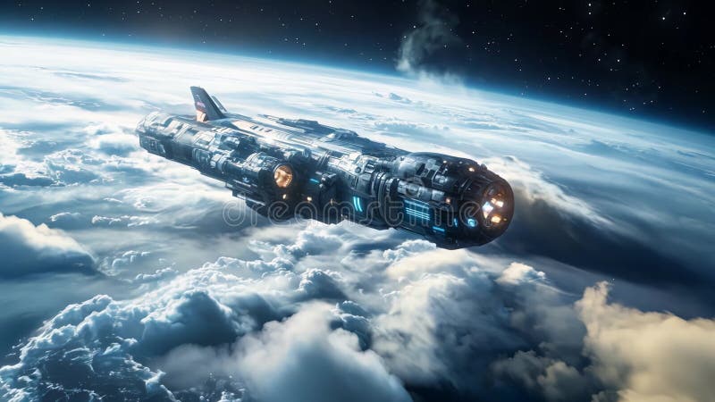 A Futuristic Spaceship Orbiting High Above the Earth in Space Stock ...
