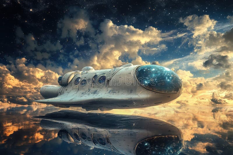 Futuristic Spaceship Gliding through a Celestial Landscape at Sunset ...