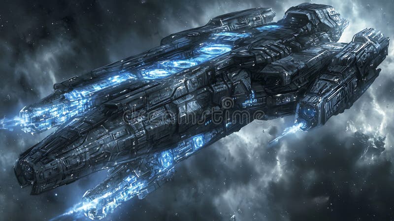 A Futuristic Spaceship with Glowing Blue Thrusters Flies through a Dark ...