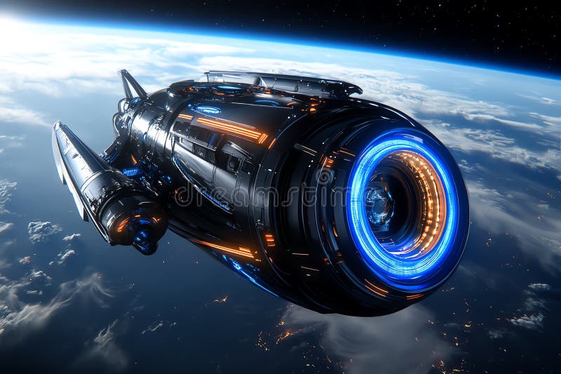 Futuristic Spaceship with Glowing Engine, Soaring Above Earth, Against ...