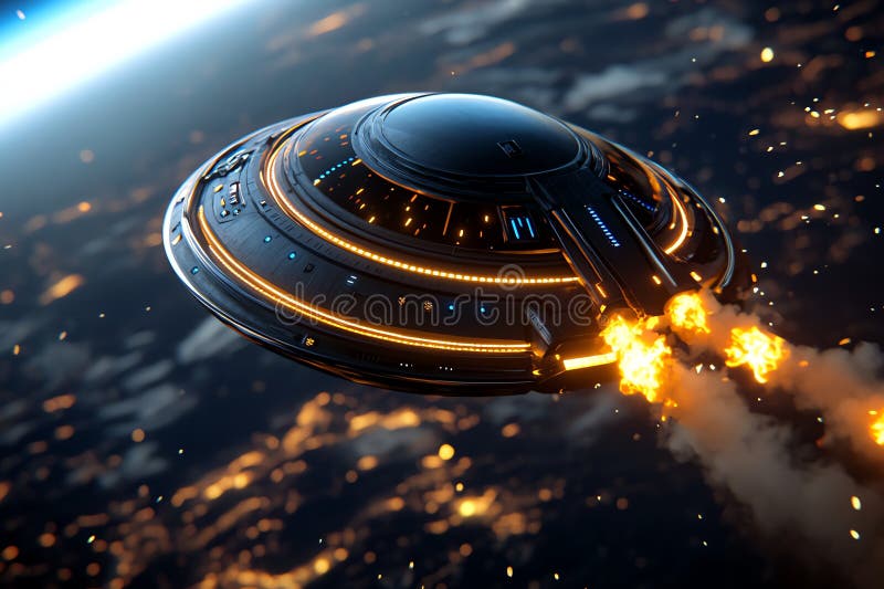 Futuristic Spaceship with Glowing Lights Flying in Outer Space Above ...