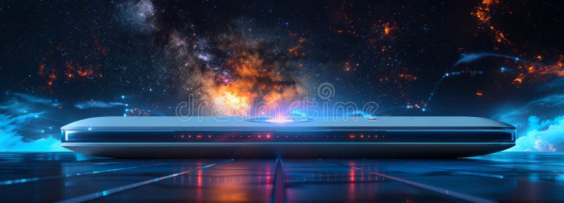 Futuristic Spaceship on a Glowing Platform Under a Starry Sky, Space ...