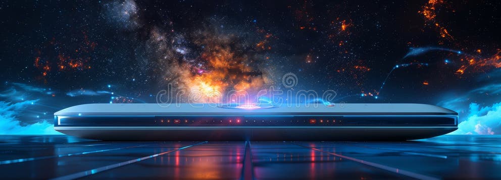 Futuristic Spaceship on a Glowing Platform Under a Starry Sky, Space ...