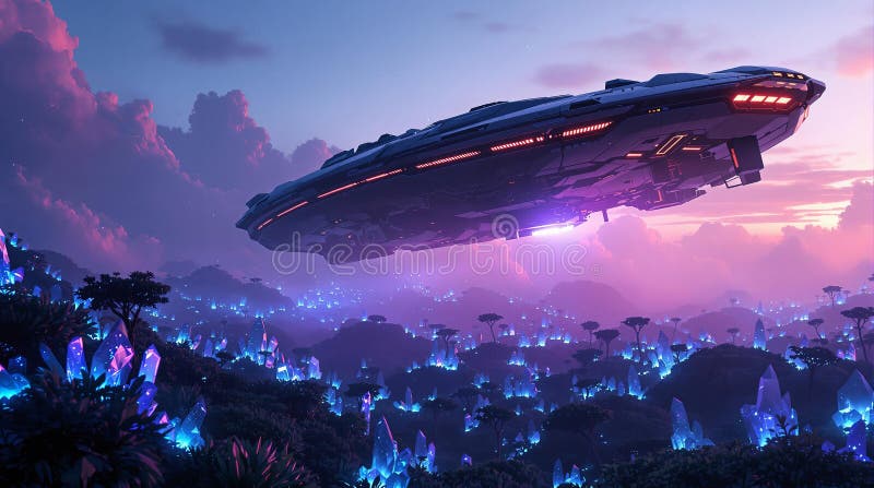 Futuristic Spaceship Hovering Over Alien Landscape with Glowing ...