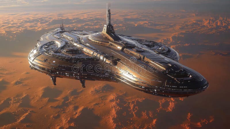 Futuristic Spaceship Hovering Over a Desolate Alien Planet Stock Photo ...