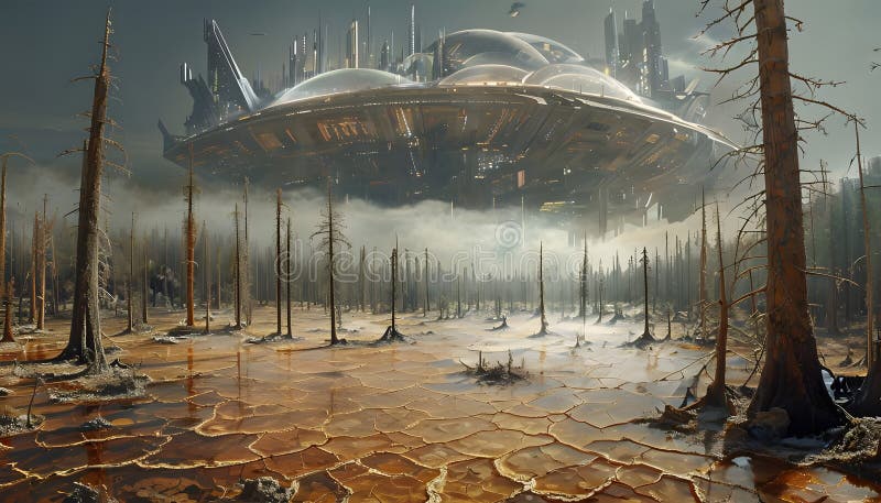 Futuristic Spaceship Hovering Over a Mysterious Alien Wetland Landscape ...