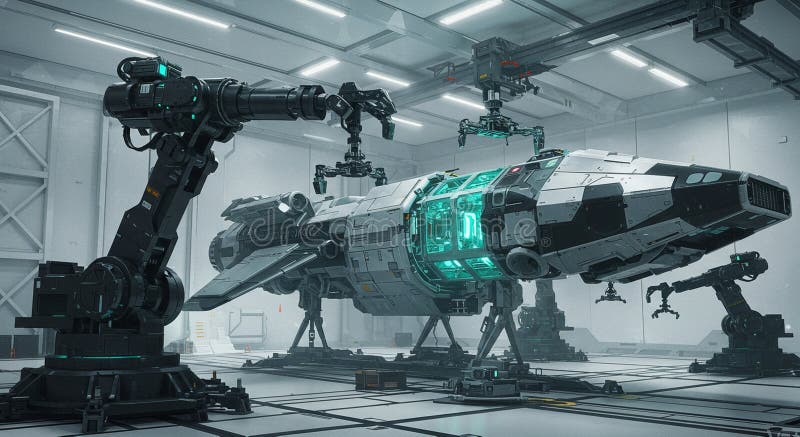 Futuristic Spaceship Inside a High-tech Maintenance Bay, Supported by ...