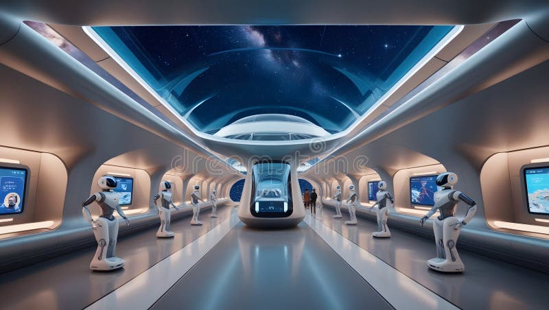 Futuristic Spaceship Interior with Advanced Robots and Starry Sky Stock ...