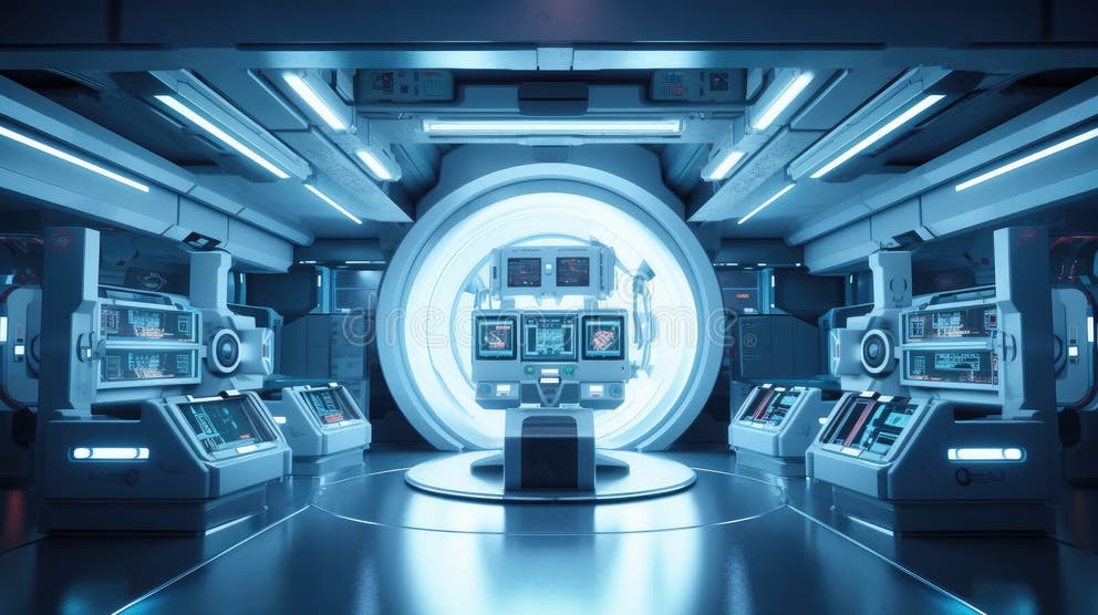 Futuristic Spaceship Interior with Blue. Sci-fi Control Room Concept ... Futuristic Spaceship Interior with Blue. Sci-fi Control Room Concept ...