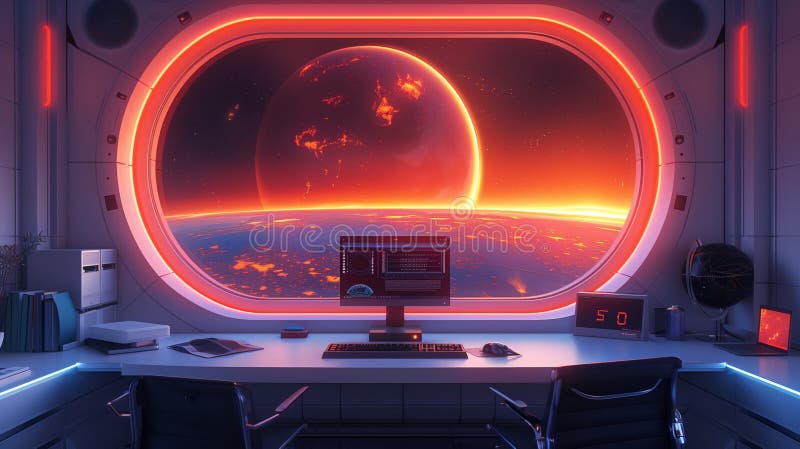 Futuristic Spaceship Interior with Computer Desk and View of Red Planet ...