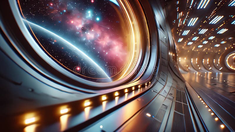 Futuristic Spaceship Interior with Cosmic View through a Portal Window ...