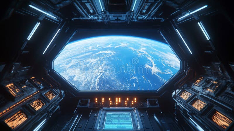 Futuristic Spaceship Interior with Earth View Stock Illustration ...