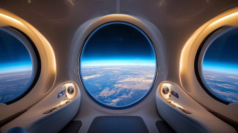 Futuristic Spaceship Interior with Earth View Stock Illustration ...
