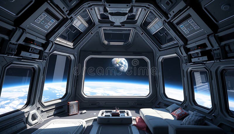 Futuristic Spaceship Interior with Earth View, Stock Image - Image of ...