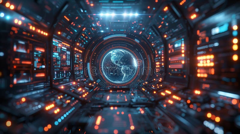 Futuristic Spaceship Interior with Earth in Viewport Stock Photo ...