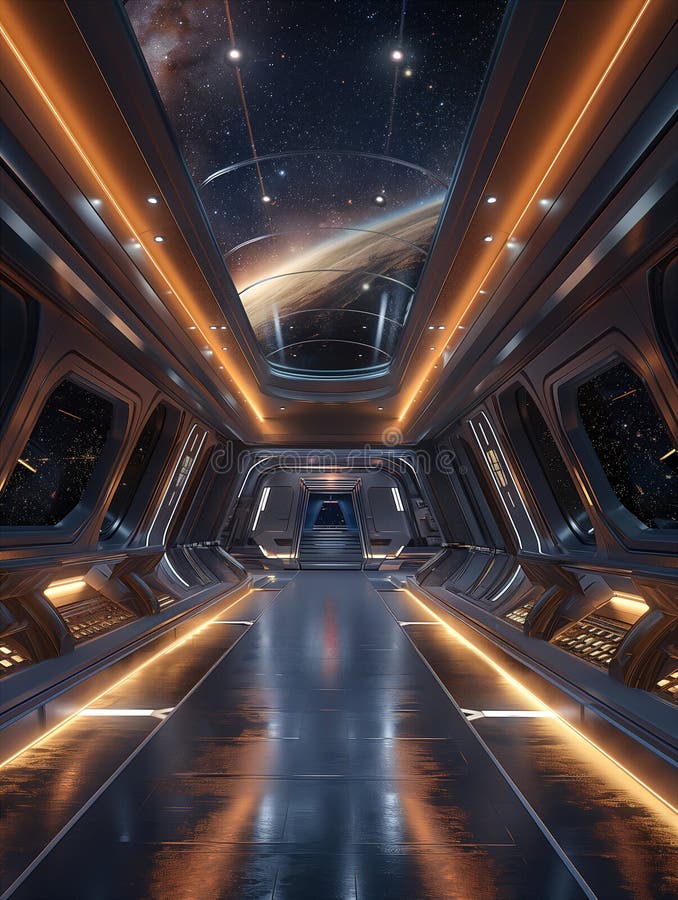 Futuristic Spaceship Interior Glowing Control Panels Expansive Corridor ...