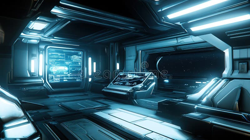 Futuristic Spaceship Interior with Glowing Control Panels and Starry ...
