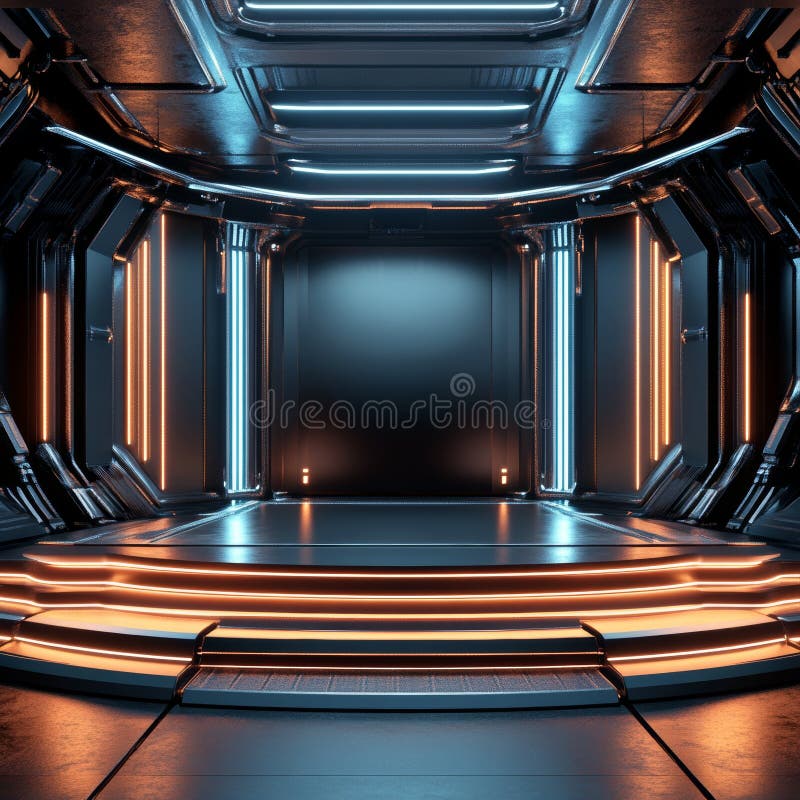 Futuristic Spaceship Interior with Glowing Lights. 3D Rendering Stock ...