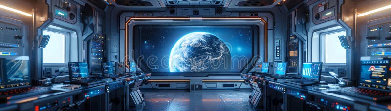 Futuristic Spaceship Interior with a Large Screen Displaying a Planet ...