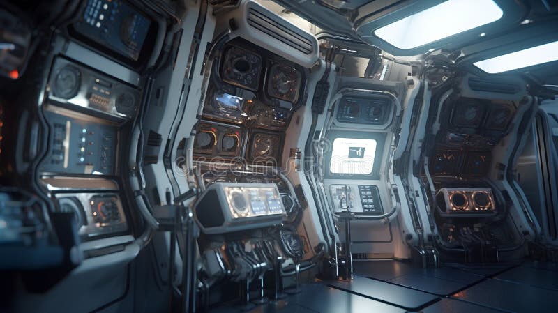 Spaceship Interior with View on the Planet Earth 3D Rendering Stock ...
