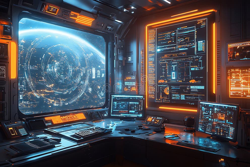 Futuristic Spaceship Interior with Monitors and Earth View Stock ...