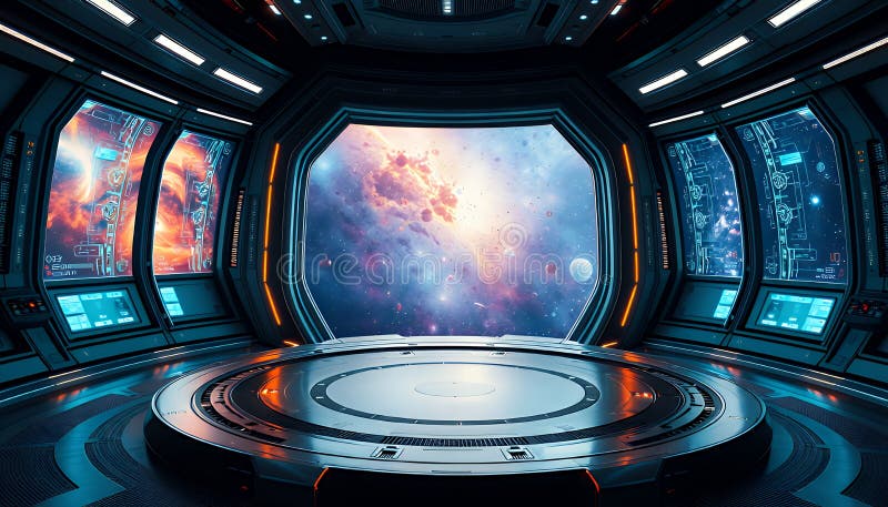 Futuristic Spaceship Interior with Nebula Viewport Stock Illustration ...